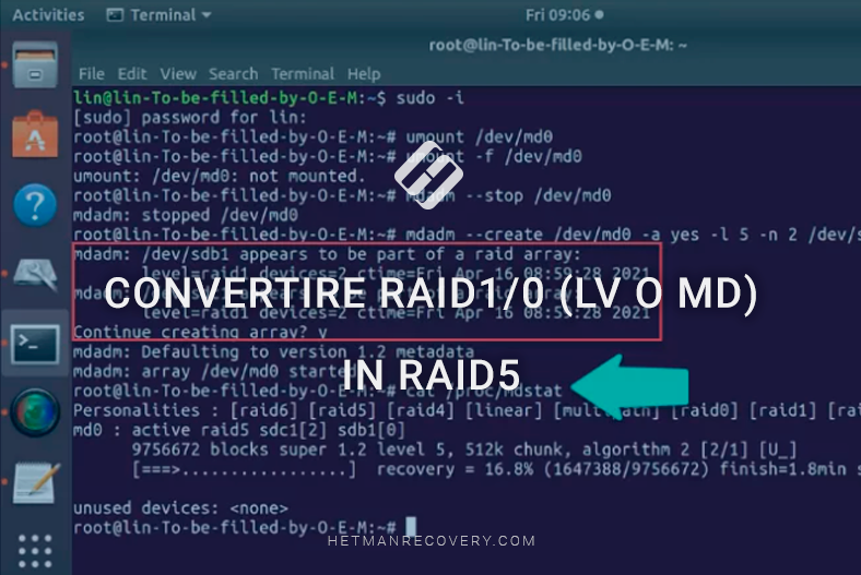 Conversione di LV o RAID MD 1/0 in RAID5: metodi sicuri per i dati